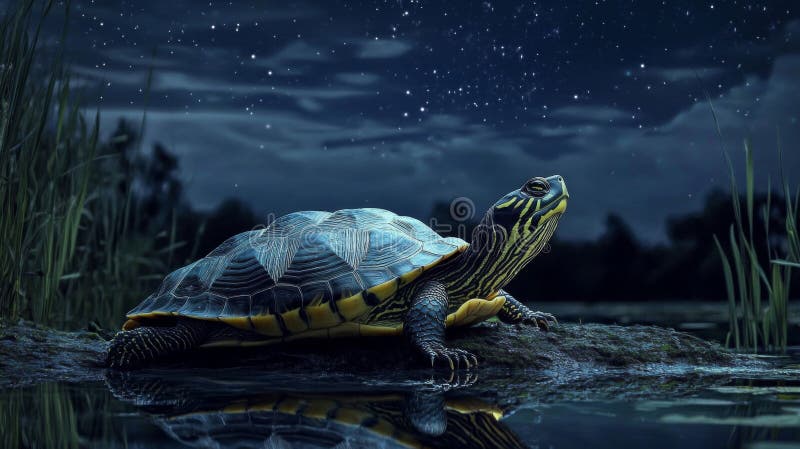 Turtle at Night Under Starry Sky Stock Illustration - Illustration of ...