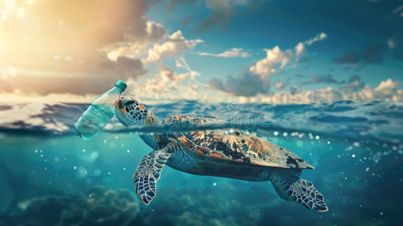 A Turtle in the Ocean Came Across an Empty Plastic Bottle Thrown into ...