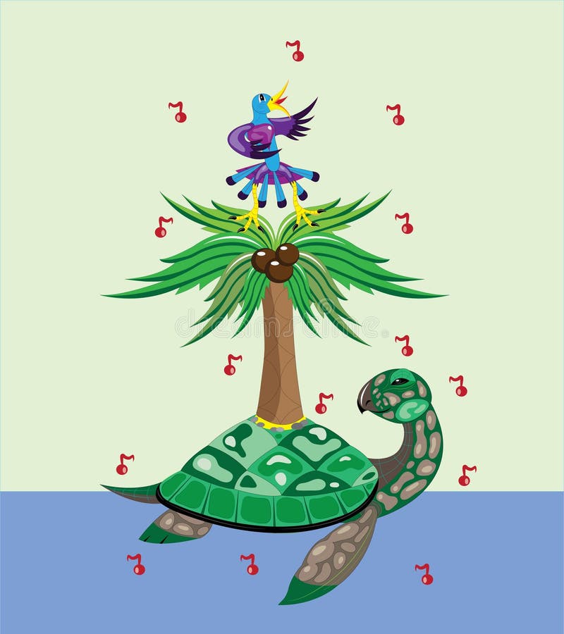 Turtle, Palm Tree and Bird. Stock Vector - Illustration of sing ...