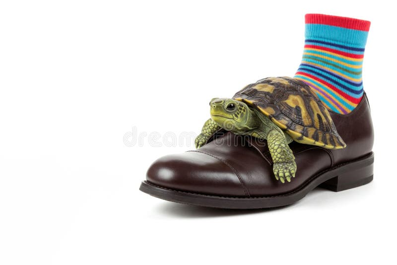 Turtle Peeking Out of a Classic Shoe with a Colored Toe. Space for Text ...