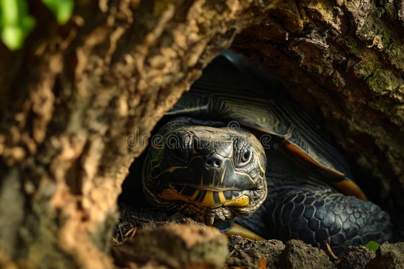 A Turtle Peeking Out of a Hole in a Tree Stock Illustration ...