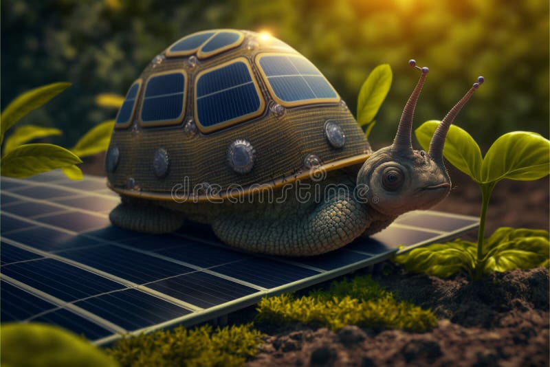 Turtle with Photovoltaic Panels in the Shell, in a Desert, Generative ...
