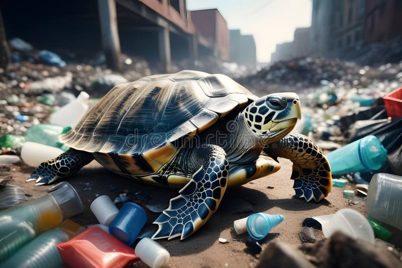 Turtle in a Pile of Garbage. Generative AI Stock Illustration ...