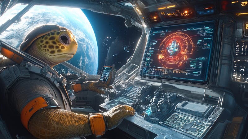Turtle Pilot Navigates Spaceship in a Distant Galaxy with Earth Visible ...