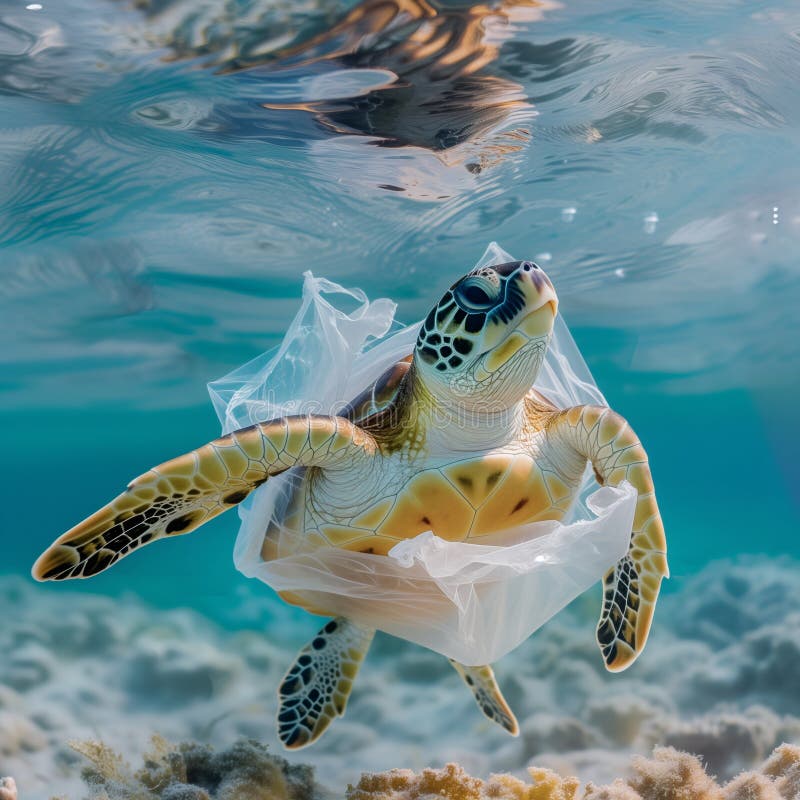 A Turtle Tangled in a Plastic Bag Struggles To Swim Stock Photo - Image ...