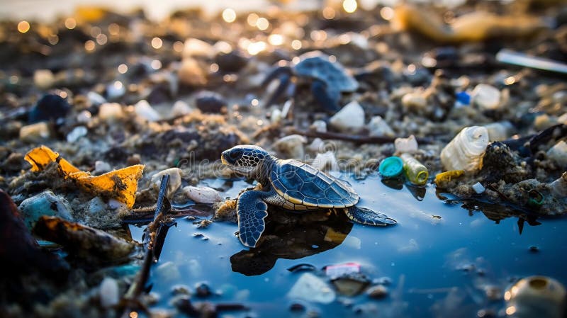 Turtle among Plastic and Garbage Pollution in the Ocean. Packages and ...