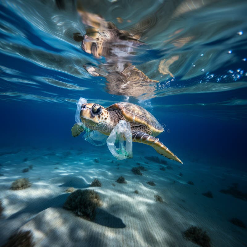 Turtle with Plastic Piece Underwater Stock Illustration - Illustration ...