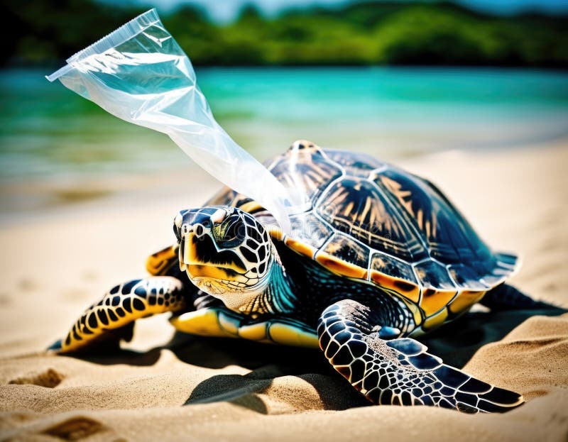 Sea Turtle Plastic Pollution. Generative AI Stock Illustration ...