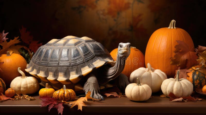 A Turtle and a Pumpkin are Surrounded by Fall Leaves, AI Stock ...