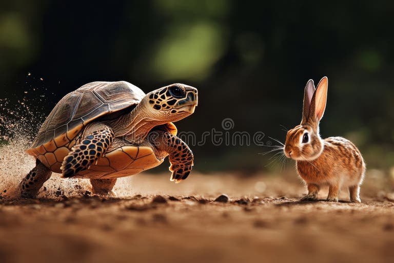 Turtle and Rabbit Engaged in a Playful Chase Under Soft Sunlight in a ...
