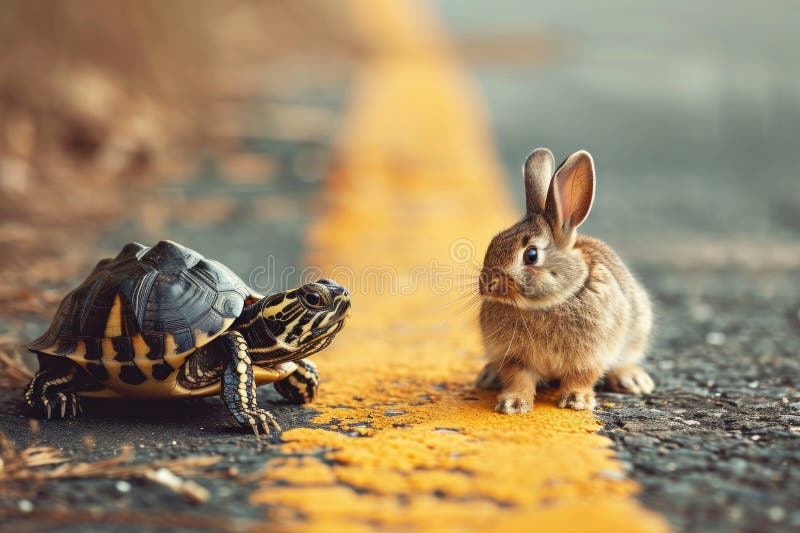 Turtle and Rabbit on Race Track. Concept Compete for Success Stock ...
