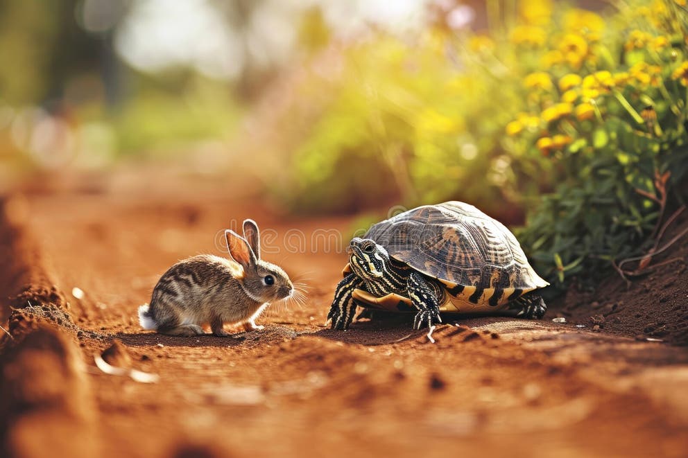 Turtle and Rabbit on Race Track. Concept Compete for Success Stock ...