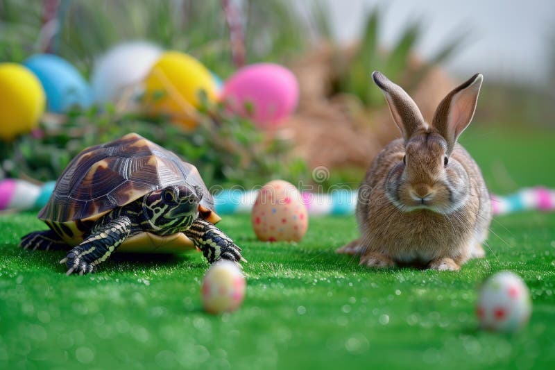 Turtle and Rabbit on Racing Track Easter Theme. Generative AI Stock ...