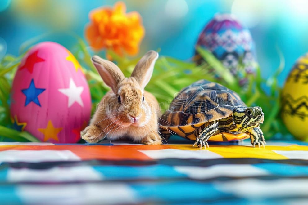 Turtle and Rabbit on Racing Track Easter Theme. Generative AI Stock ...