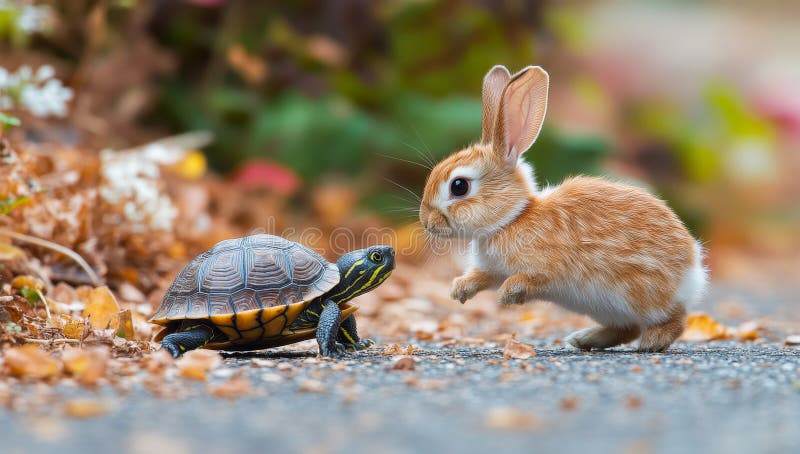 A Turtle and a Rabbit are Standing Next To Each Other on a Sidewalk ...
