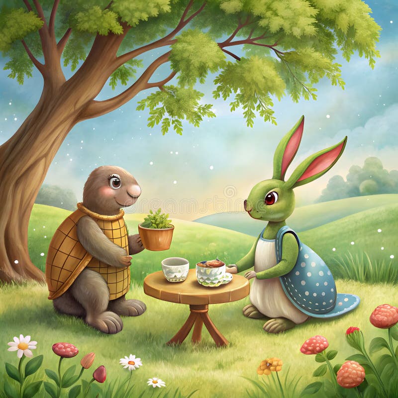 Turtle and Rabbit: a Tea Party Under the Tree Stock Illustration ...