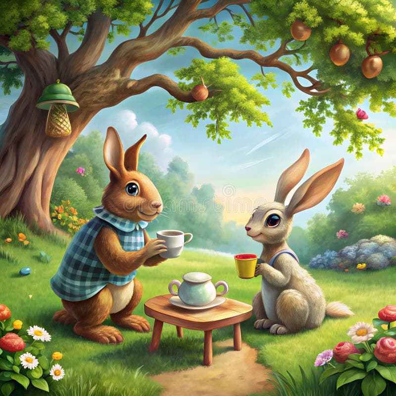 Turtle and Rabbit: a Tea Party Under the Tree" Stock Illustration ...
