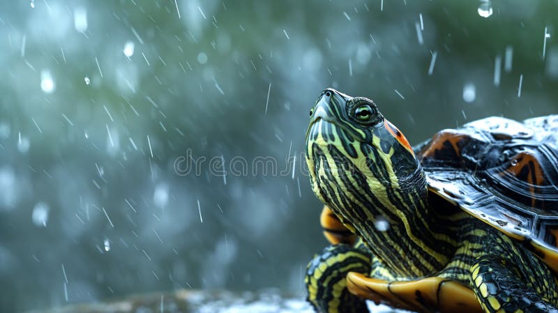 A Turtle in the Rain, Drops of Water Glistening on Its Shell, with a ...