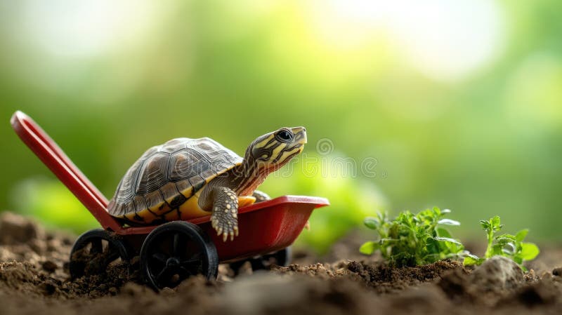 Turtle in Red Wheelbarrow on Soil with Green Background: Garden Scene ...