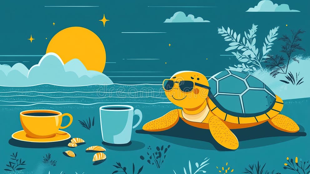 Turtle Relaxing by the Water with Coffee Stock Illustration ...