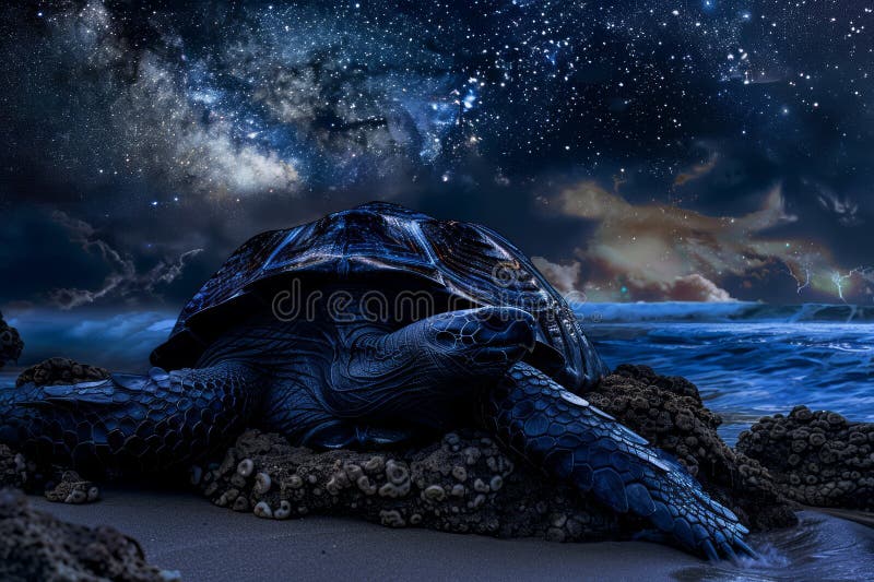 Turtle Resting on Beach Under Starry Sky Stock Illustration ...