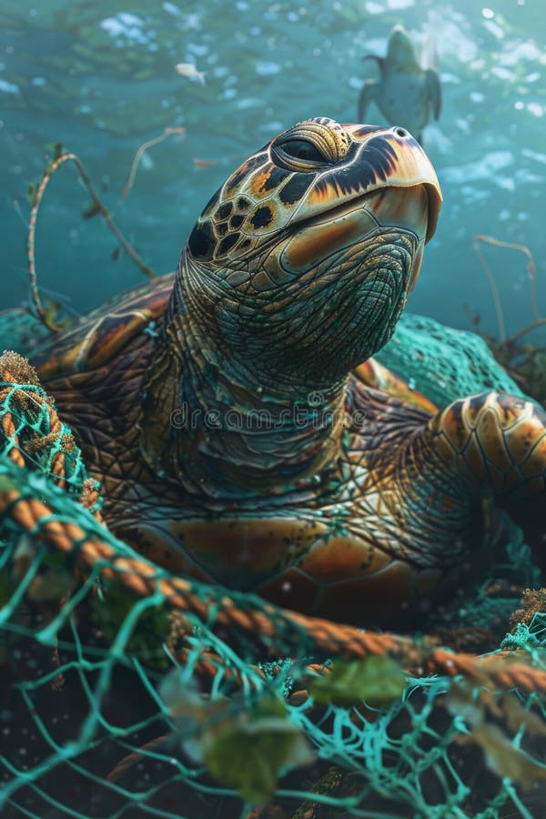 A Turtle Resting on a Fishing Net, Suitable for Environmental Themes ...