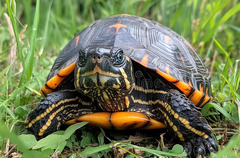 A Turtle Resting in the Grass Showcasing Its Patterned Shell and ...