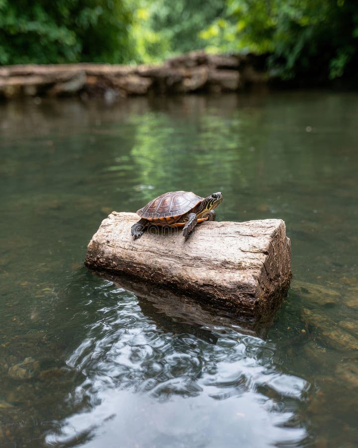 Turtle Resting on a Log in a Stream. Stock Illustration - Illustration ...