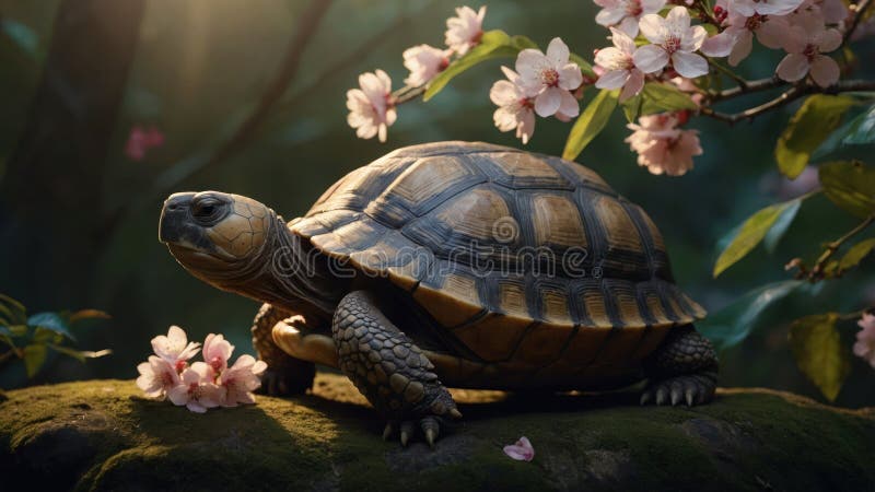 Elegant Tortoise in Spring Blossom Stock Illustration - Illustration of ...