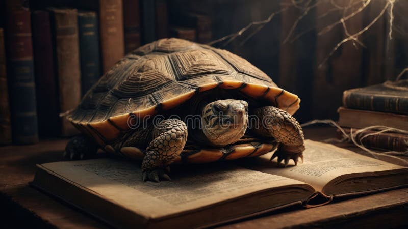 Wise Tortoise Reading Ancient Book in Library Stock Illustration ...
