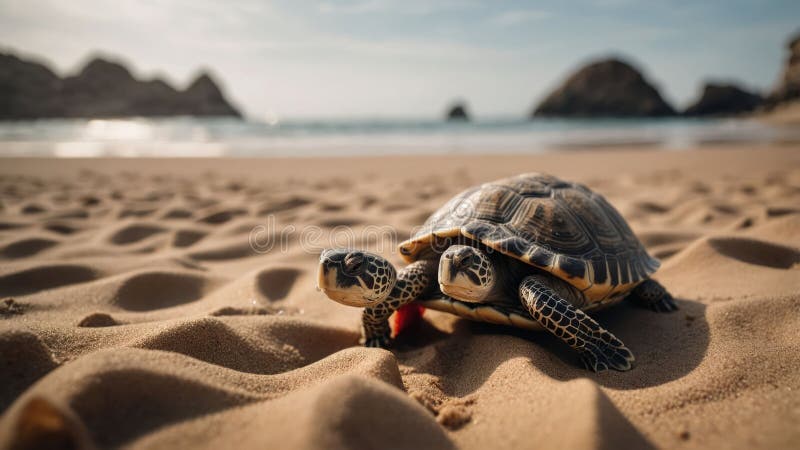 Adorable Baby Turtles Crawling on Sandy Beach at Sunset Stock ...