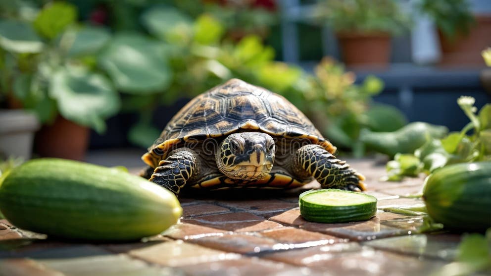 Cute Turtle Eating Cucumber in Garden Stock Illustration - Illustration ...