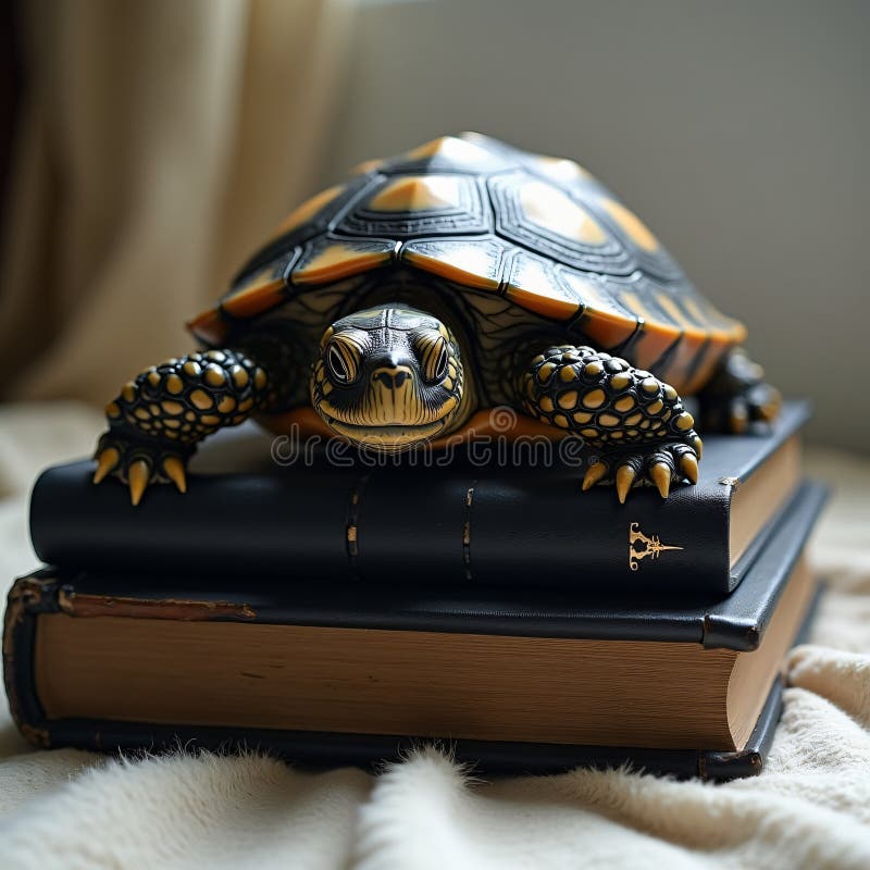 Turtle Resting on Vintage Books, Showcasing Its Unique Shell Stock ...