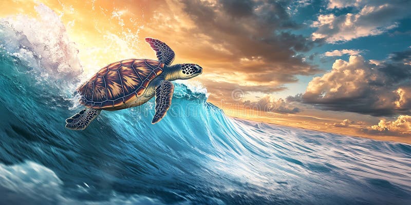 Turtle Riding on a Gentle Wave Made of Starlight, Drifting through a ...