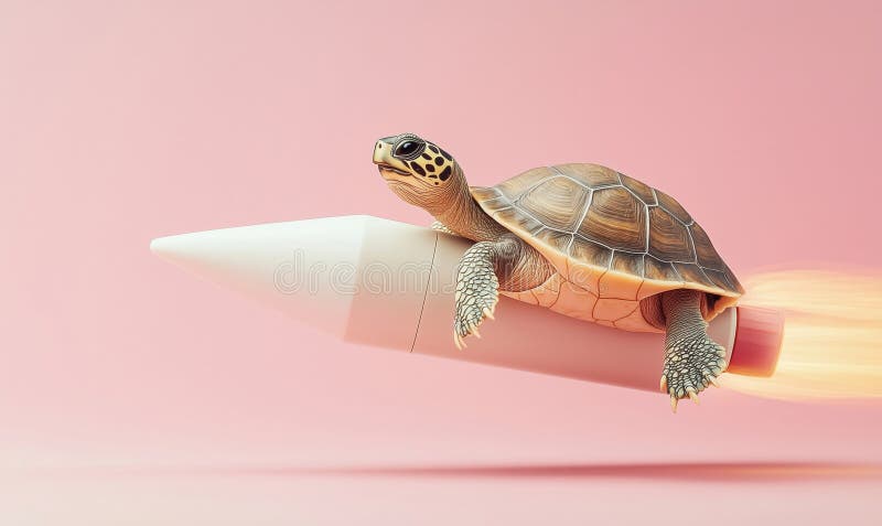 Turtle Riding Rocket with Flames on Pink Background for Fun and ...