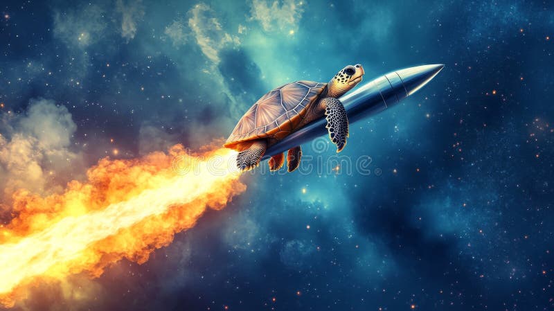 Turtle Riding a Rocket through Space with Fiery Trail, Whimsical and ...