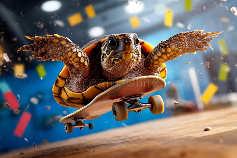 A Turtle Riding a Skateboard on Top of a Wooden Table Stock Image ...