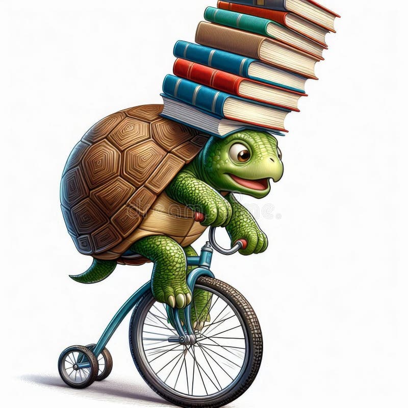 A Turtle Riding a Unicycle, Balancing a Stack of Books on Its Head ...