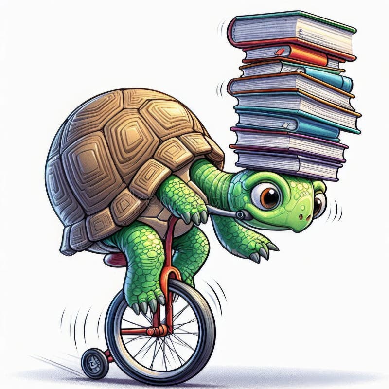 A Turtle Riding a Unicycle, Balancing a Stack of Books on Its Head ...