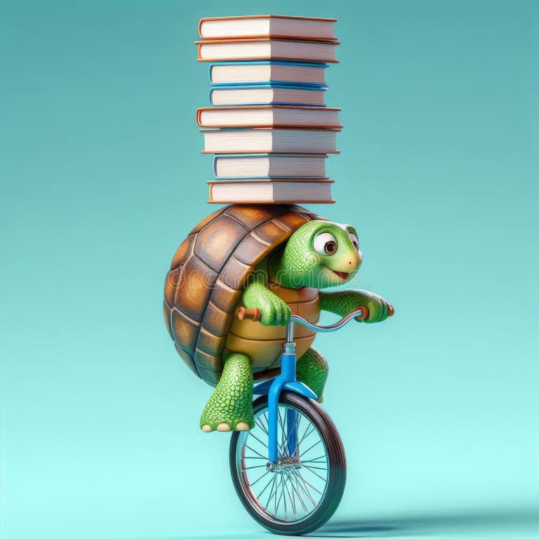 A Turtle Riding a Unicycle, Balancing a Stack of Books on Its Head ...