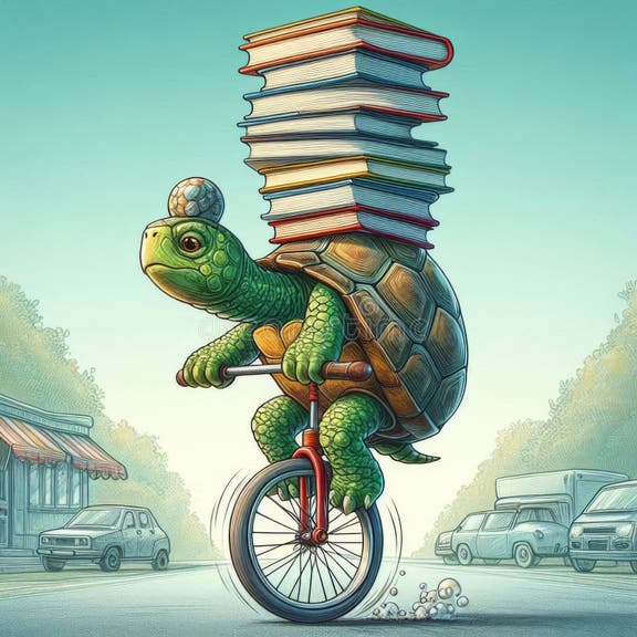 A Turtle Riding a Unicycle, Balancing a Stack of Books on Its Head ...