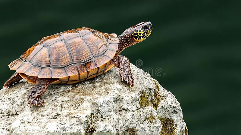 Turtle on Rock, Dark Water Backdrop. Detailed Shell and Patterned Face ...