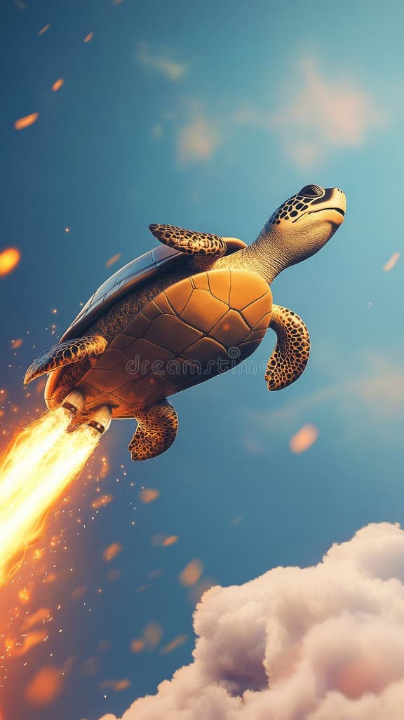 Turtle with Rocket Boosters Flying through Sky, Surreal Concept Stock ...