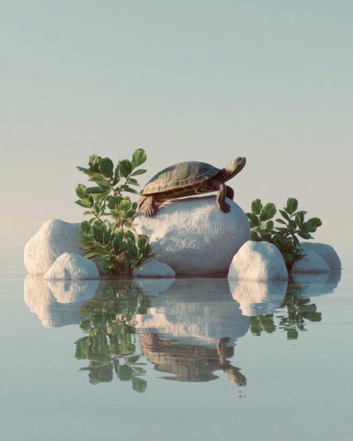 Turtle on Rocks in Calm Water Stock Illustration - Illustration of ...