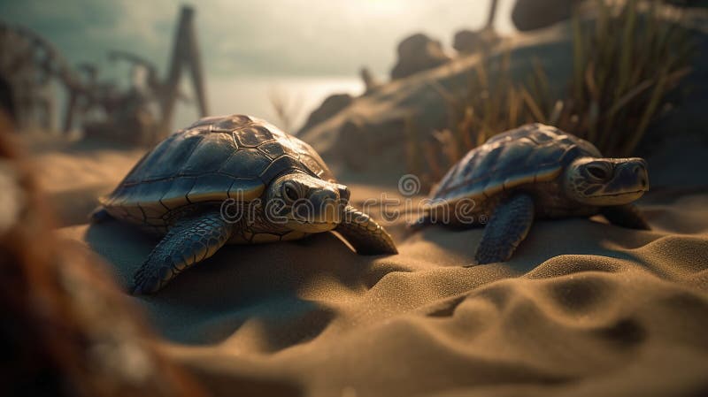 Turtle Running on the Beach To the Sea. Generative AI Stock ...