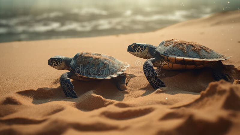Turtle Running on the Beach To the Sea. Generative AI Stock ...