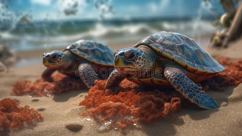 Turtle Running on the Beach To the Sea. Generative AI Stock ...