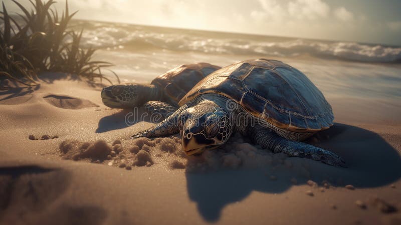Turtle Running on the Beach To the Sea. Generative AI Stock ...