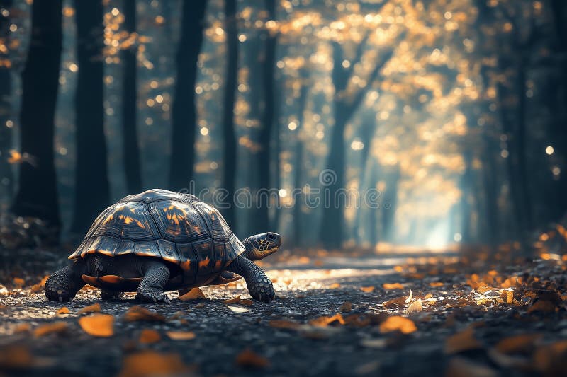 Turtle S Journey on a Forest Path with Light Filtering through the ...