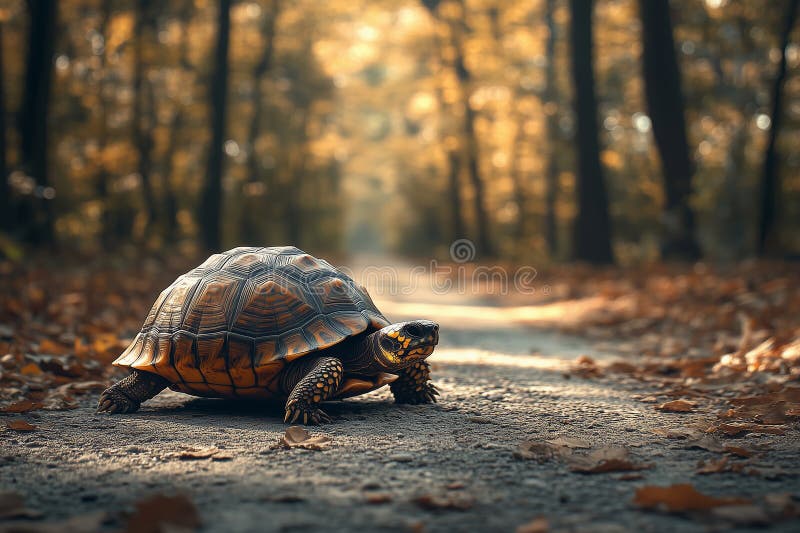 Turtle S Journey on a Forest Path with Light Filtering through the ...